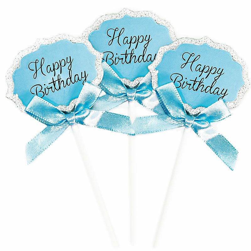 Топперы, Happy Birthday (серебряный глиттер), Голубой, с блестками, 5 шт, Волна веселья