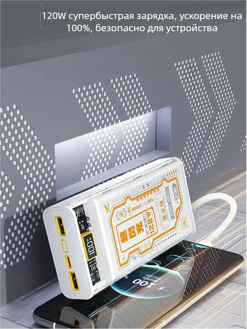 57000 мАч Внешний Аккумулятор: Прозрачный Киберпанк-Дизайн, 120W + PD20W Зарядка, 3 Встроенных Кабеля, LED-Экран. Безопасные Внутренние Элементы для Путешествий и Гаджетов