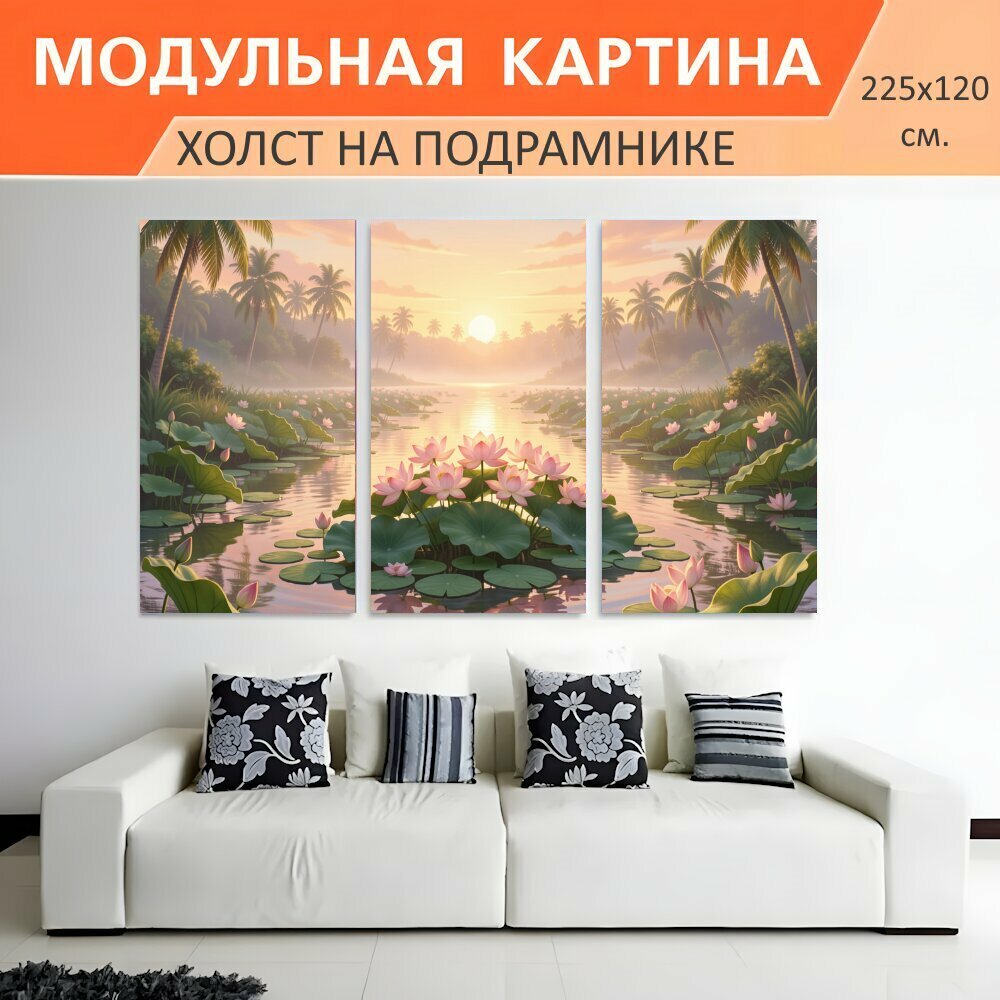Модульная картина на холсте "Тропическая лагуна с лотосами. Умиротворённый экзотический водный пейзаж с пальмами, цветущими лотосами." триптих на подрамнике 225х120 см. для интерьера