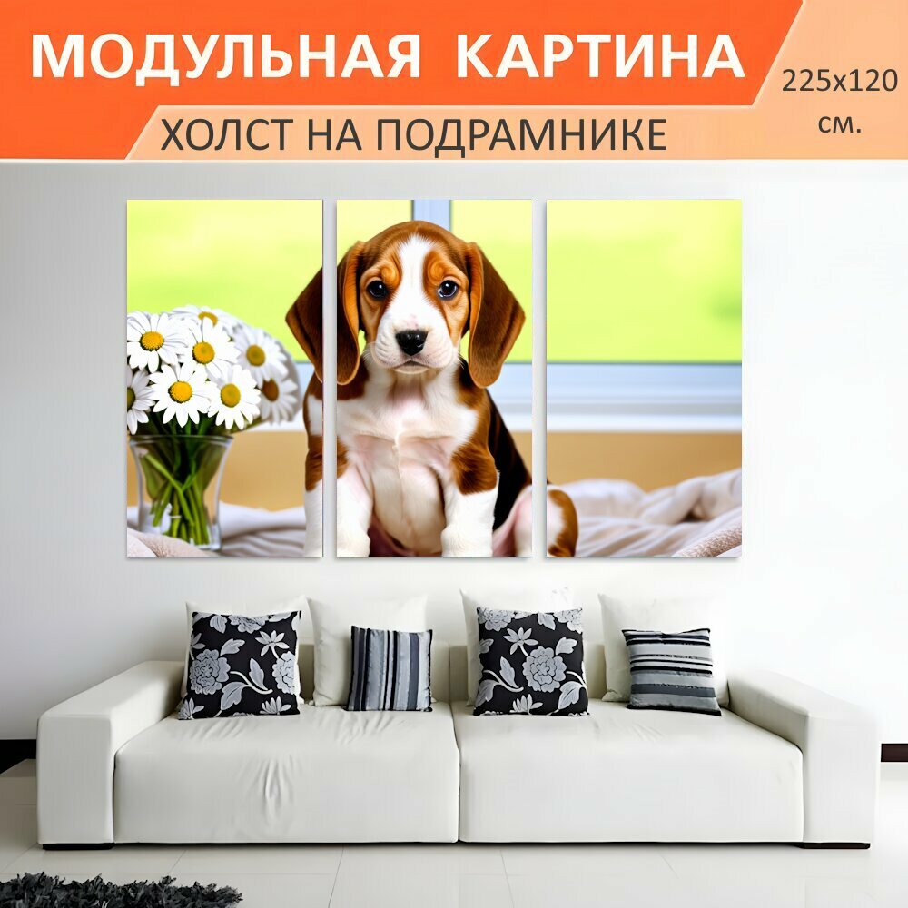 Модульная картина на холсте "Щенок бигля с коричнево-белым окрасом сидит на кровати с пучком белых ромашек на фоне солнечного окна с." триптих на подрамнике 225х120 см. для интерьера