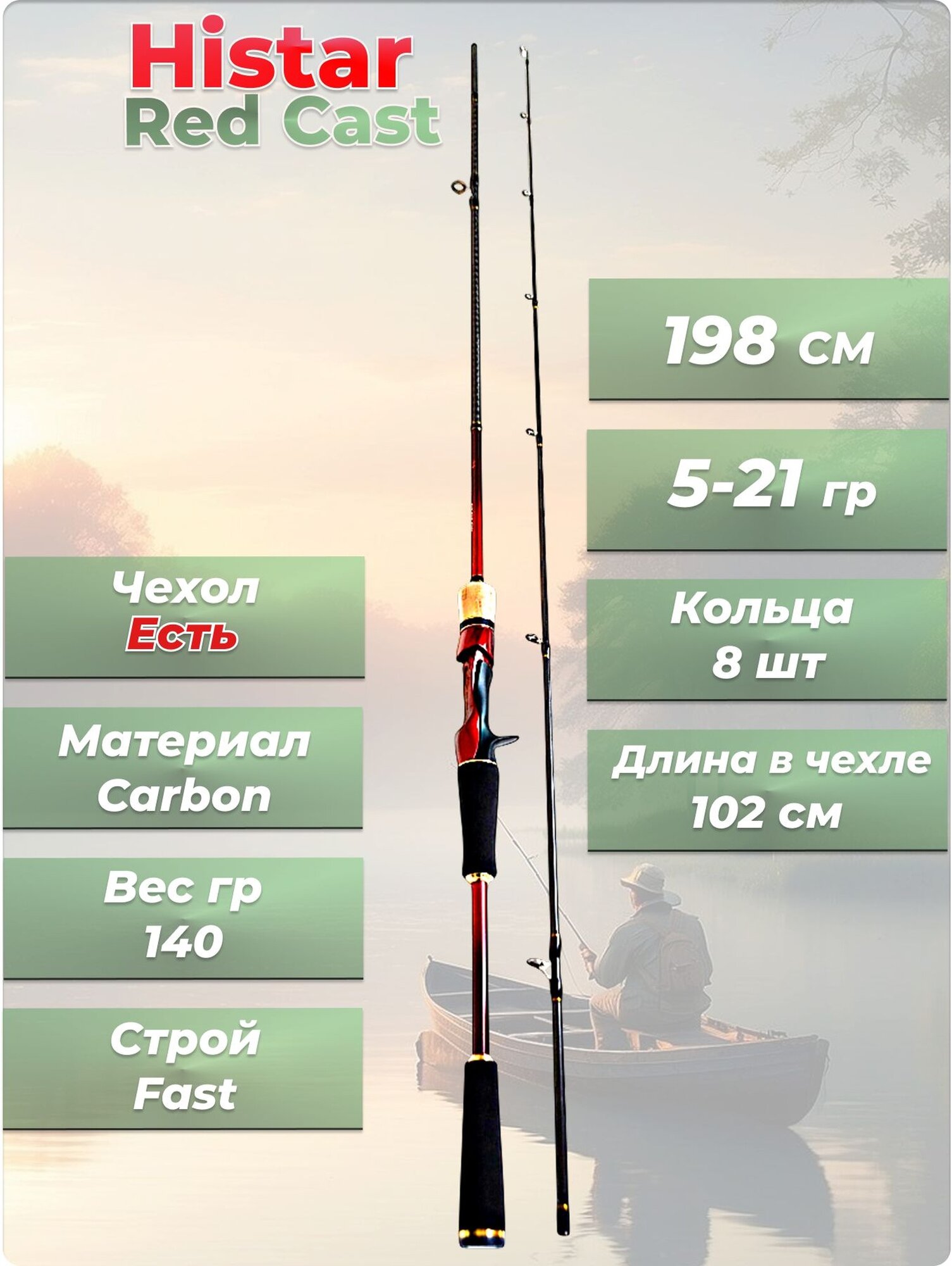 Спиннинг Histar Red, кастинговый, 198см, тест 5-21гр, штекерный, карбон