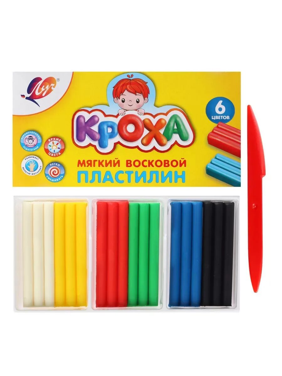 Пластилин мягкий восковой, 6 цветов, 90 г, со стеком