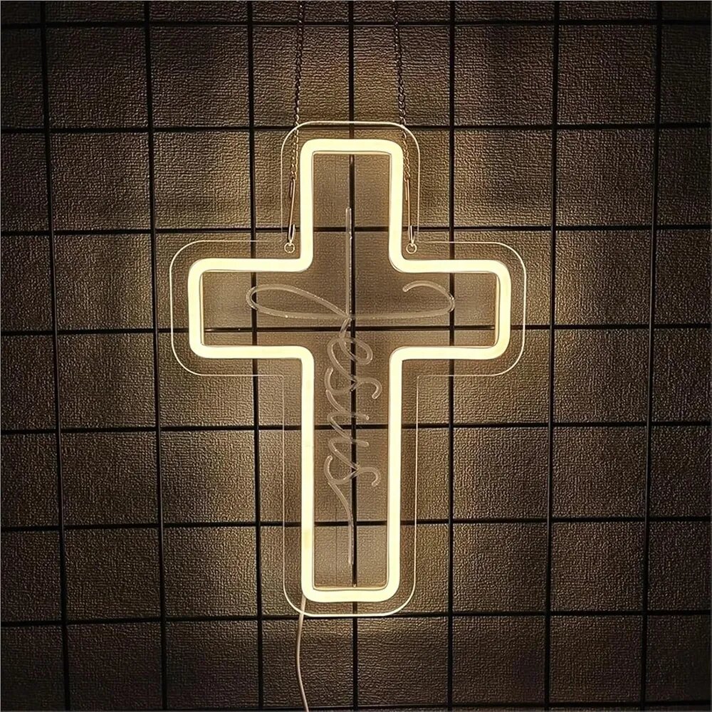 Неоновая вывеска "Иисус" со светящимся крестом - Регулируемая яркость LED, настенный декор для дома, церкви, подарок на Пасху и Рождество
