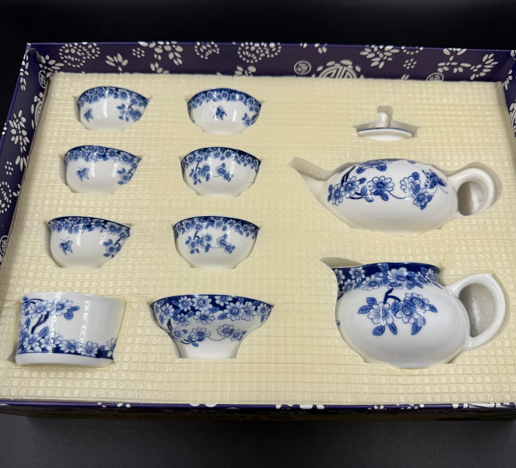 Чайный сервиз для китайского чая (гунфу ча), набор для чайной церемонии, белый с синим цветочным орнаментом, на 6 персон