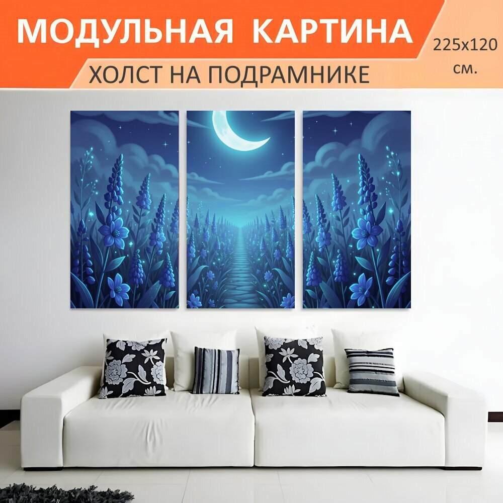 Модульная картина на холсте "Лунная тропа в цветочном поле. Ночной фантазийный пейзаж с сияющим серпом и звёздным небом, голубыми." триптих на подрамнике 225х120 см. для интерьера