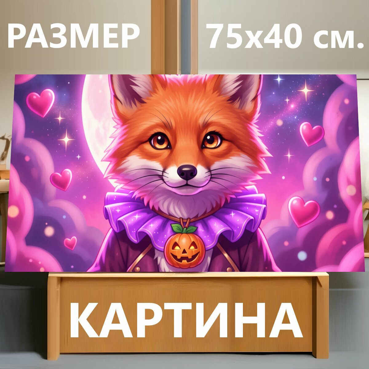 Картина на холсте "Лиса в волшебном ночном образе. Милая рыжая лиса в фиолетовом костюме с тыквенным кулоном на фоне луны, звездного неба и." на подрамнике 75х40 см. для интерьера