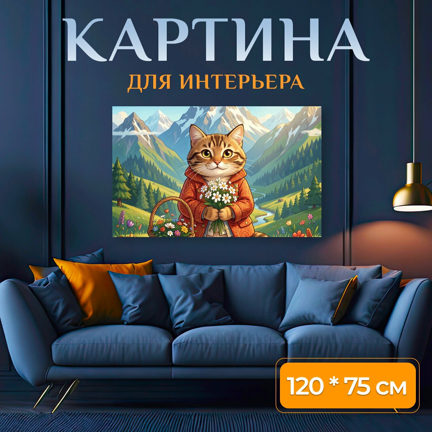Картина на холсте "Кот с букетом в горах. Милый полосатый питомец в красной вышитой одежде держит полевые цветы на фоне альпийской долины." на подрамнике 120х75 см. для интерьера