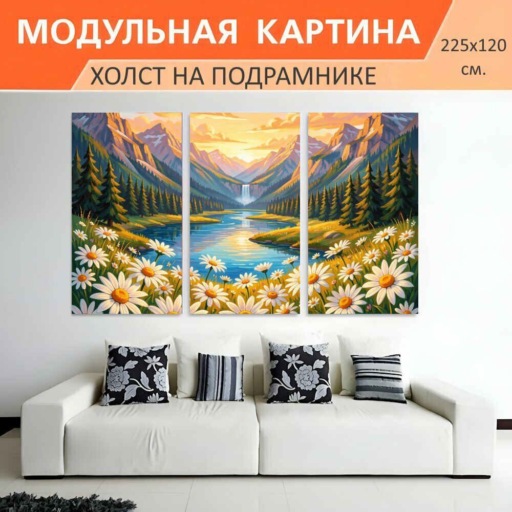 Модульная картина на холсте "Горный рассвет у реки и цветов. Живописная альпийская долина с хвойным лесом, водной гладью и далеким." триптих на подрамнике 225х120 см. для интерьера