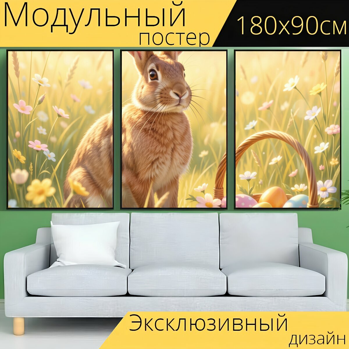 Модульный постер "Заяц с пасхальной корзиной в цветах. Милый кролик среди луговых трав и нежных ромашек, рядом плетёная корзинка с." 180 x 90 см. для интерьера на стену в тубусе