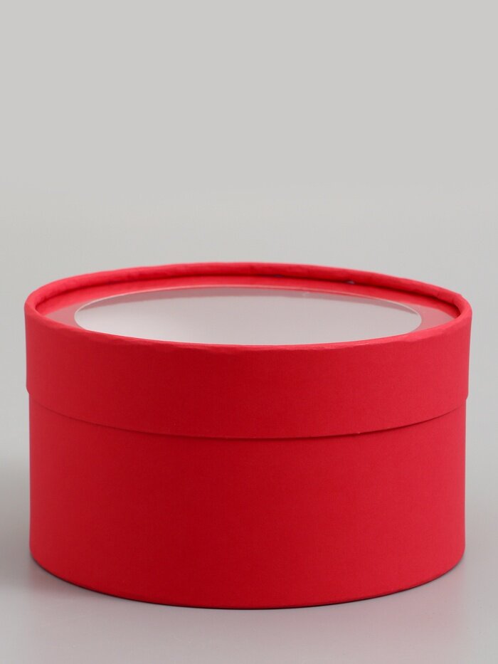 Подарочная коробка круглая, красная, завальцованная с окном, 18×10 см