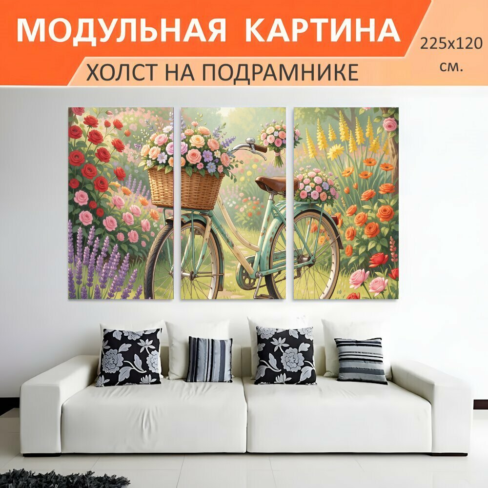 Модульная картина на холсте "Велосипед в цветущем саду. Романтичная летняя сцена: винтажный двухколёсный транспорт с корзиной." триптих на подрамнике 225х120 см. для интерьера