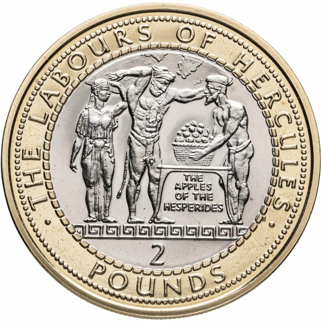 Гибралтар 2 фунта pounds 2020 "Подвиги Геракла - Яблоки Гесперид", Биметалл, в сохранности BUNC