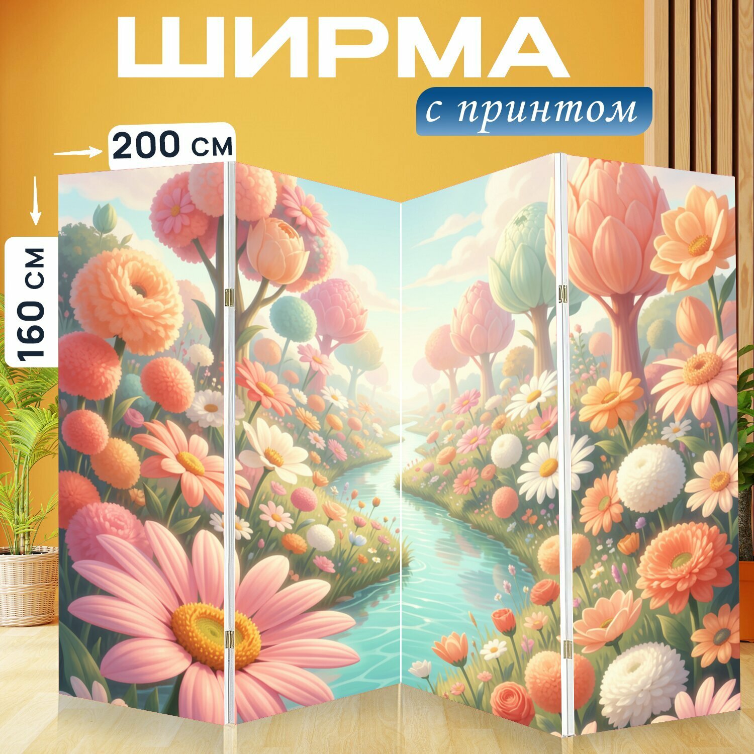 Ширма "Сказочный цветочный сад у ручья. Фантазийный весенний пейзаж с нежными бутонами, ромашками и крупными." перегородка для зонирования комнаты с принтом 200x160 см. на холсте