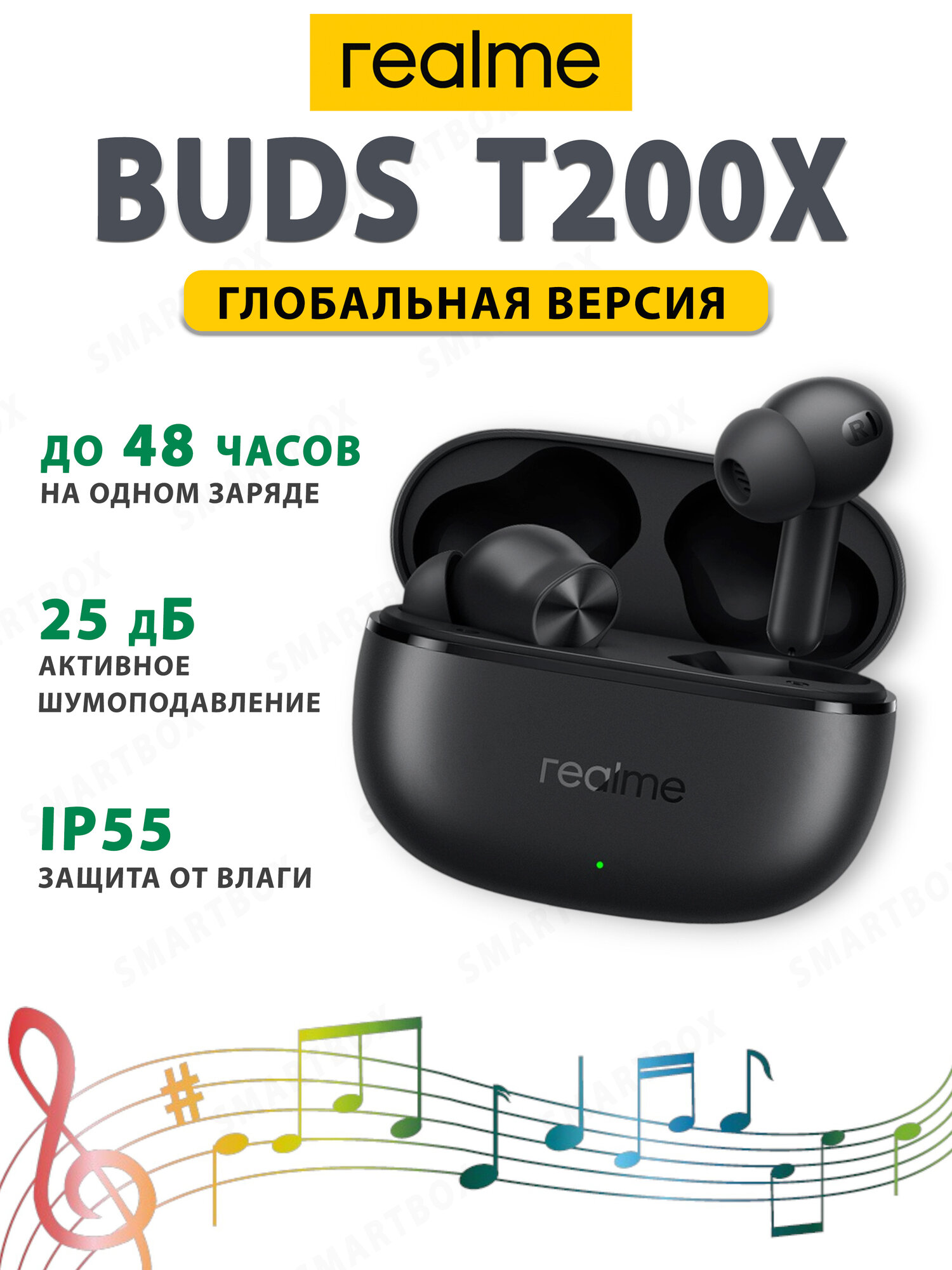 Наушники realme Buds T200X Black, шумоподавление, Bluetooth, TWS, черный