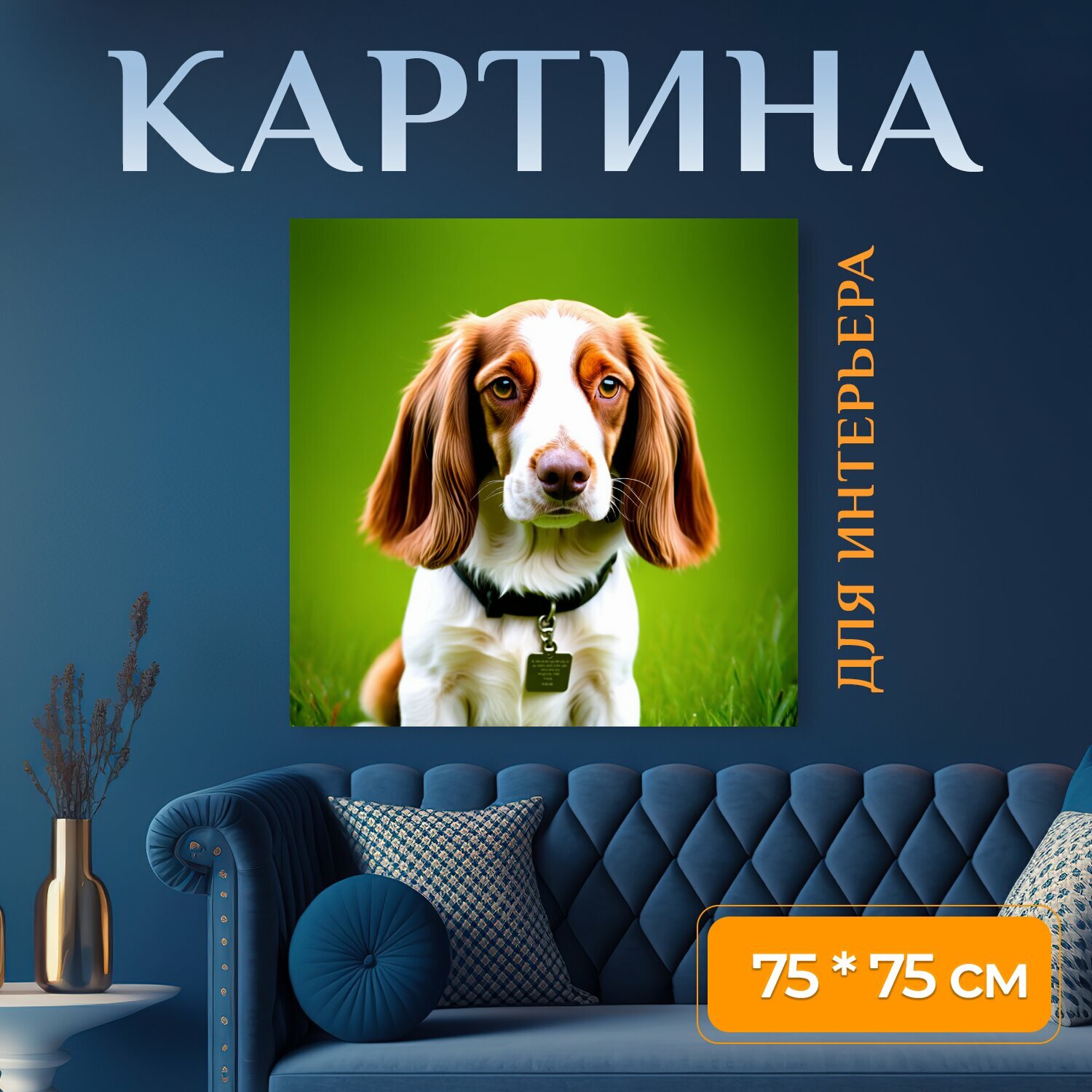 Картина на холсте "Коричнево-белый британийский спаниель с длинными ушами и большим носом, в зеленом размытом фоне, в ошейнике с металлическим жетоном" на подрамнике 75х75 см. для интерьера