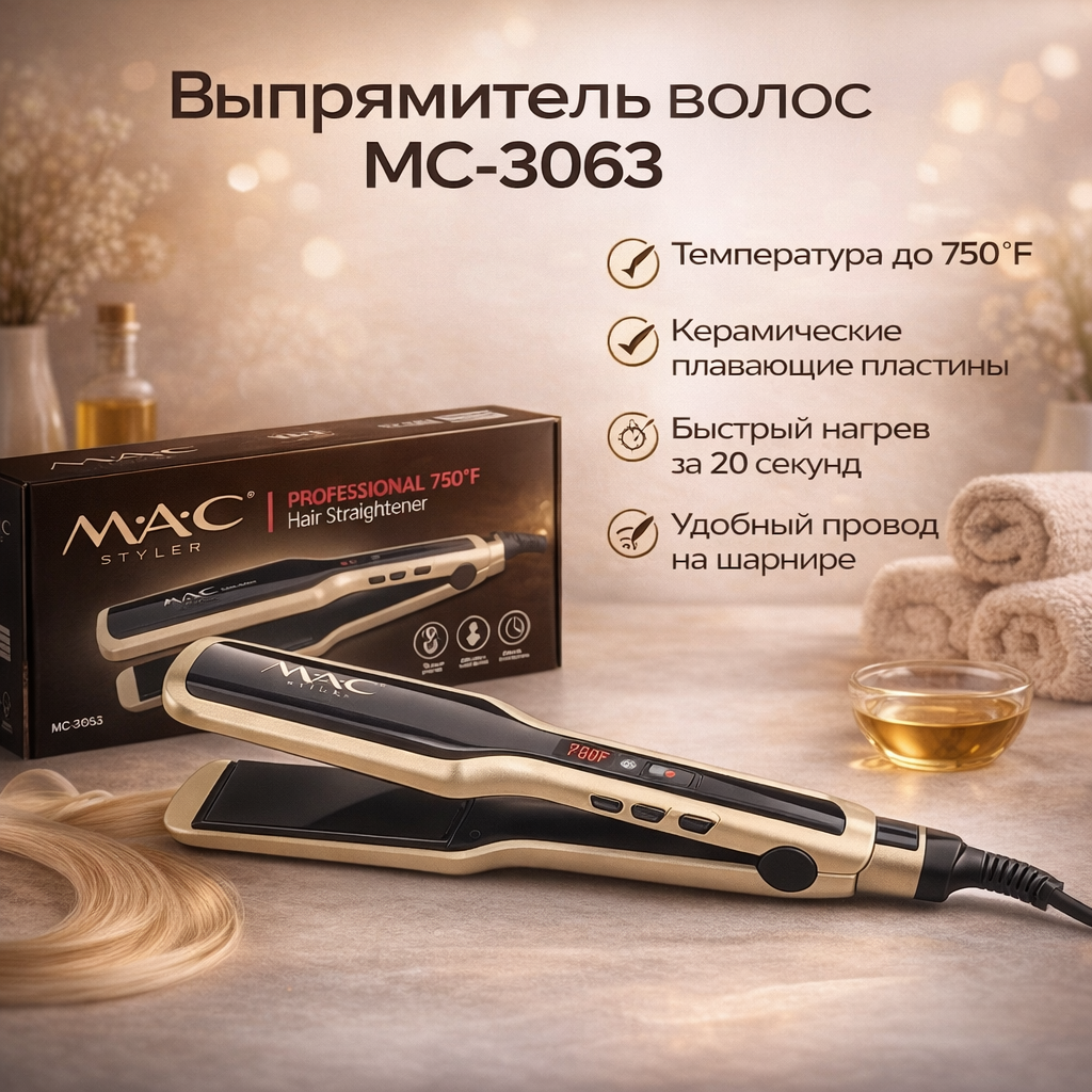 Выпрямитель для волос ElectroD M.A.C MC-3063 с керамическими пластинами и быстрым нагревом