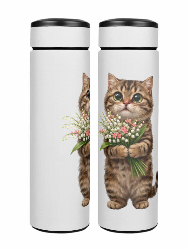 Термос «Котик с ландышами, грустный котик» (белый)