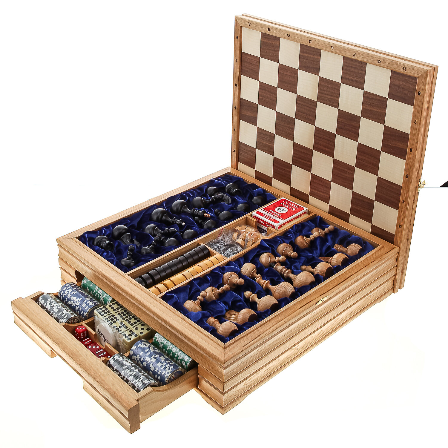 0065890/RTV-51 Игровой набор (шахматы, нарды, шашки, домино, карты, кости, фишки д/покера) 44*44см