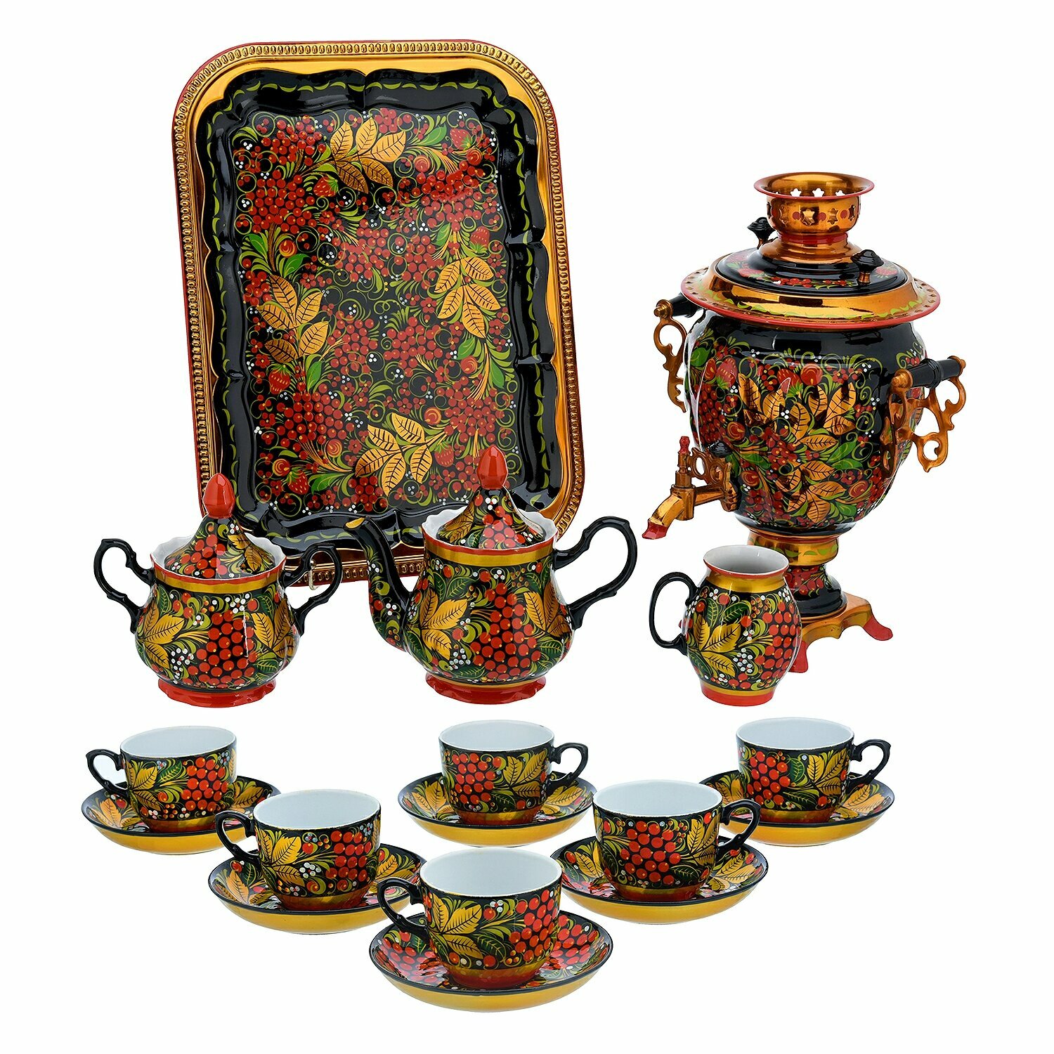 0090138-Самовар 3л "Хохломской с сервизом. Рябина"3л на 6 пер.