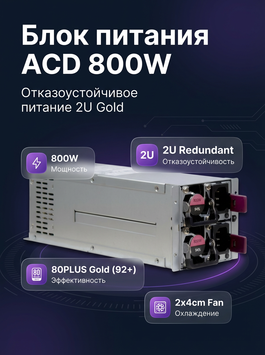 800W ACD 2R0800, 2U Redundant (ШВГ=77.5*84*225 mm), 80PLUS Gold (92+), 2x4cm fan