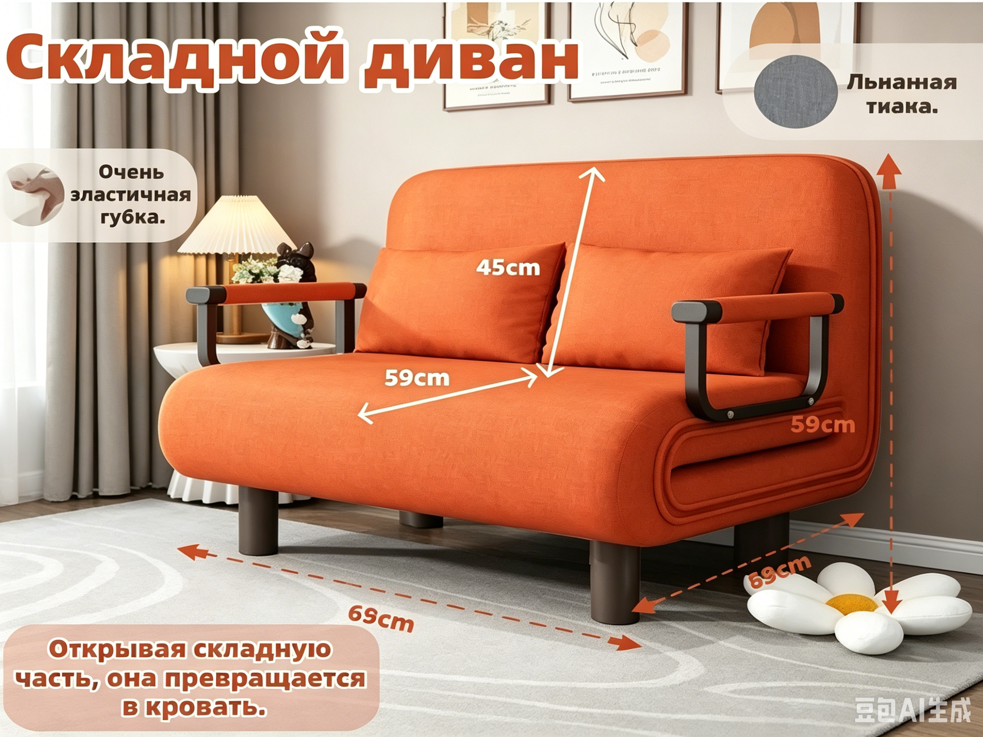Диван раскладной, механизм На пол, Реклайнер, 65х68х85 см, коралловый