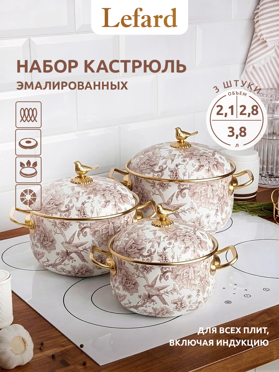 Набор кастрюль из эмалированной стали Lefard "Royal Garden" 2.1 л, 2.8 л, 3.8 л