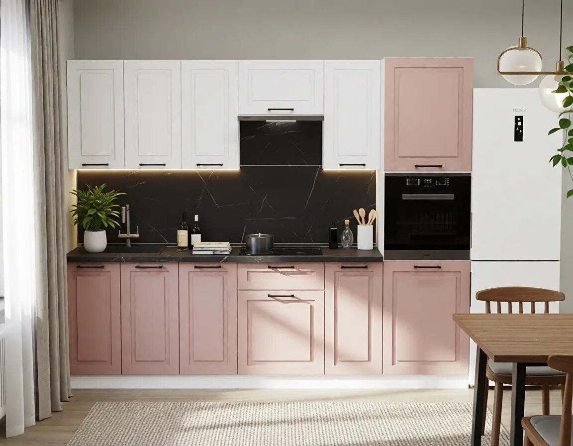 Кухонный гарнитур Аликанте, 280 см (арт. 21), Шарли белый/Шарли pink