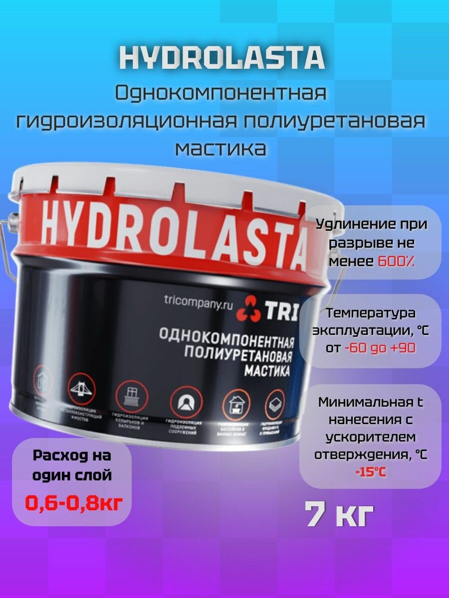 Однокомпонентная гидроизоляционная полиуретановая мастика HYDROLASTA - 7кг, цвет серый