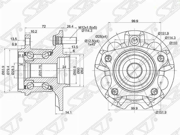 Ступичный узел задний SAT ST-42410-48041 TOYOTA KLUGER/HARRIER #CU25,#CU35 '03-