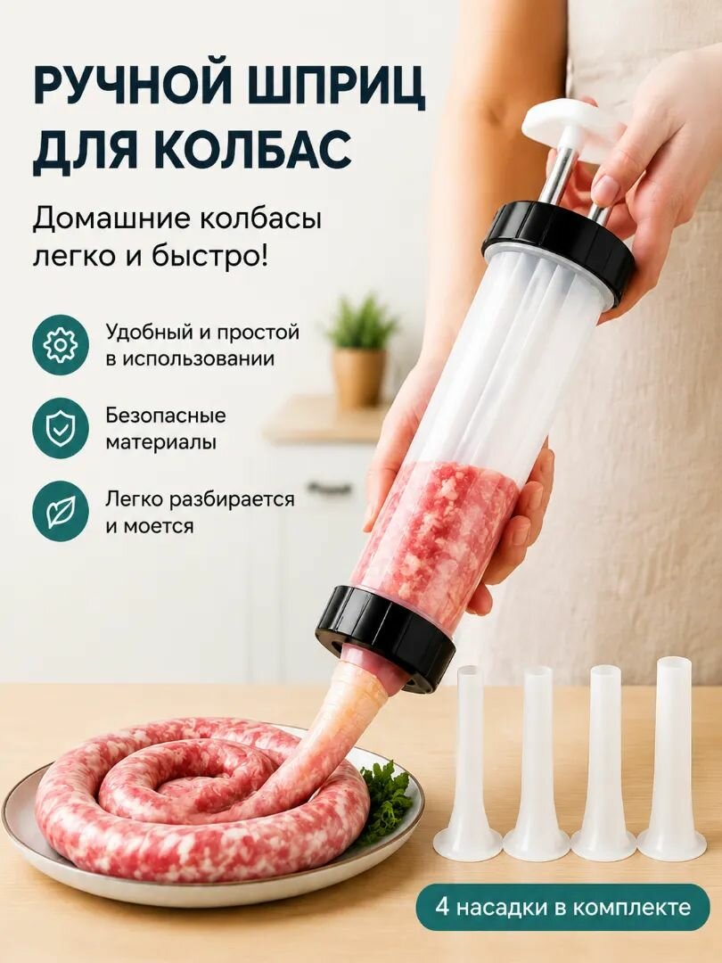 Шприц колбасный, насадок: 4 шт, мешков: 1 шт