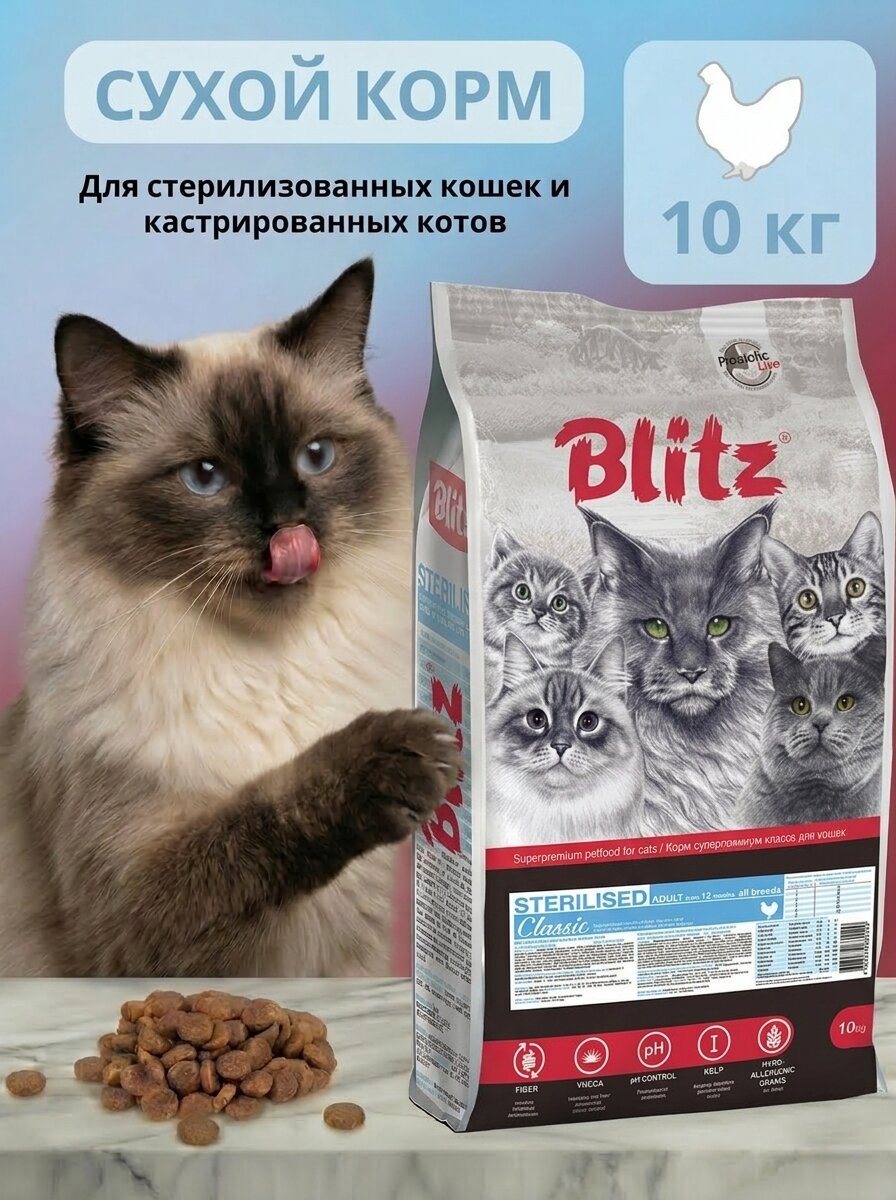 Корм для кошек стерилизованных Blitz Classic Sterilised с курицей, 10 кг