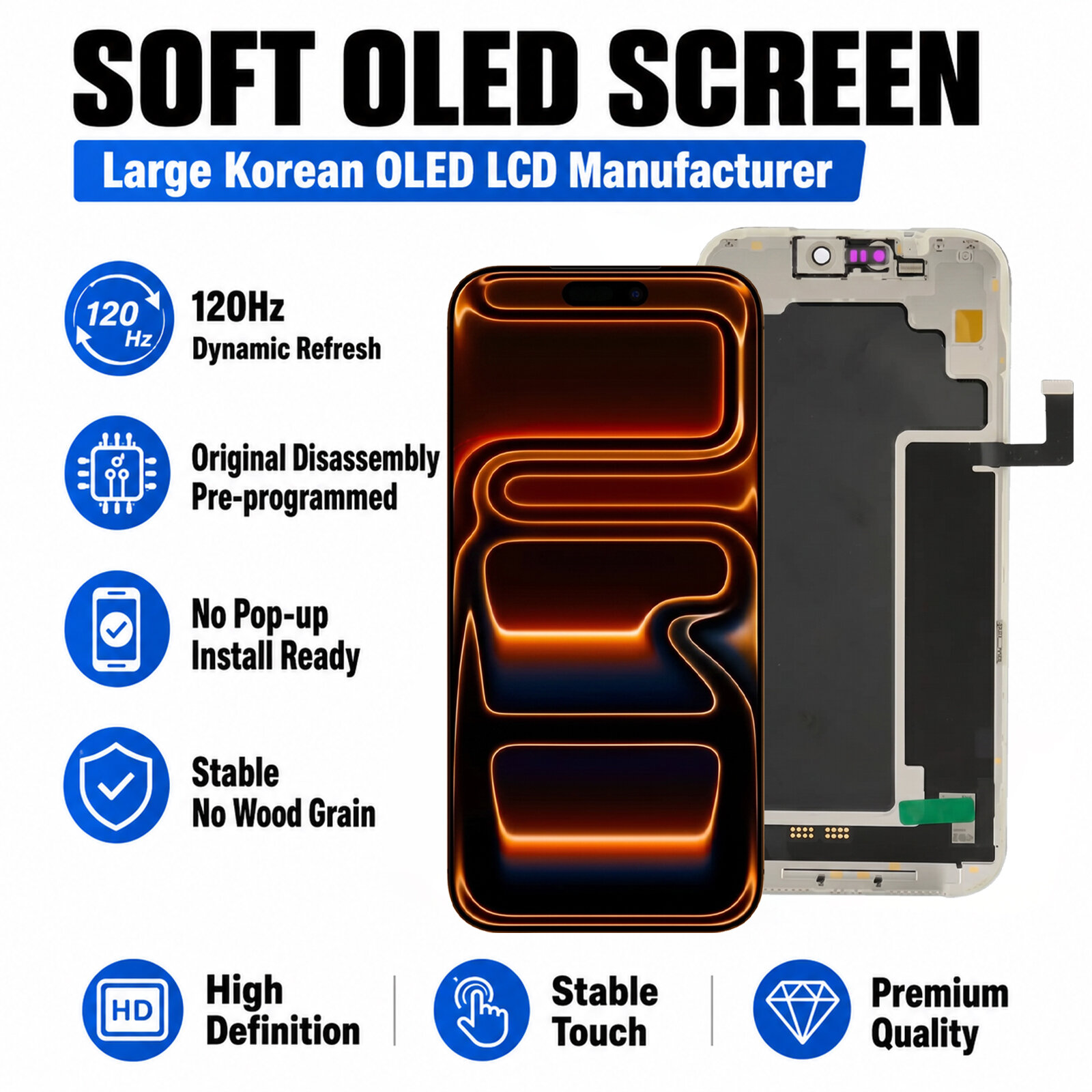 Экран для iPhone 16 Pro, корейский OLED, 120 Гц динамическая частота, без муара, шлейф оригинальный, от Huaxing