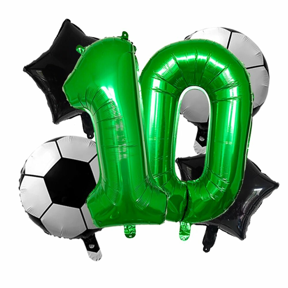 Зеленый шар "10" с футбольными шарами для праздника