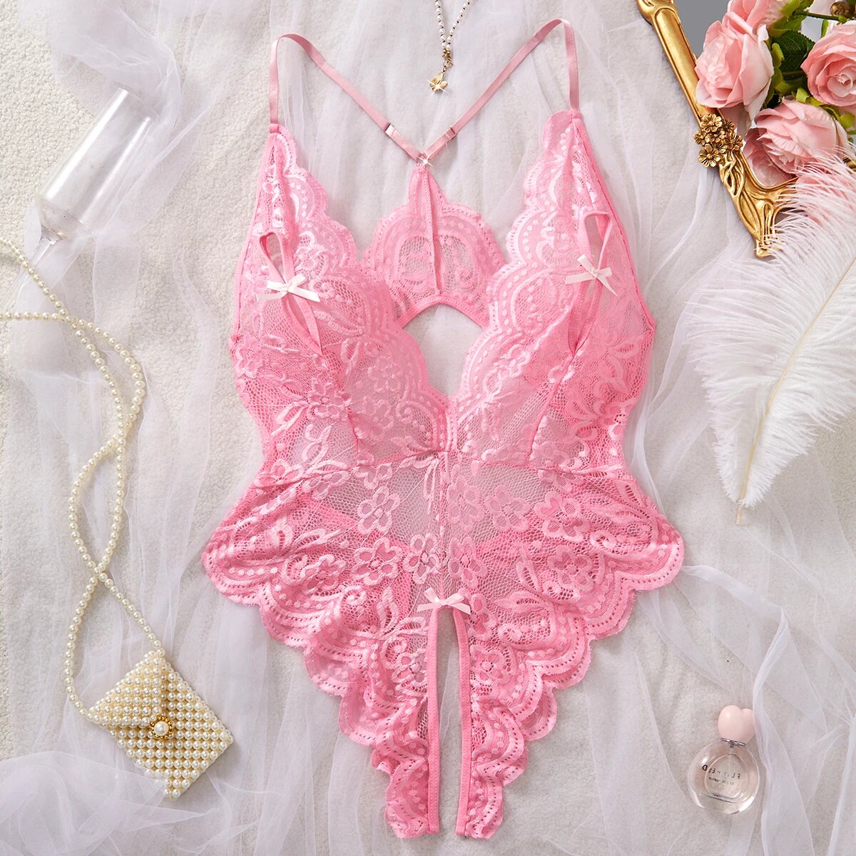 Розовое кружевное боди с вырезами, размер M, bs154-pink