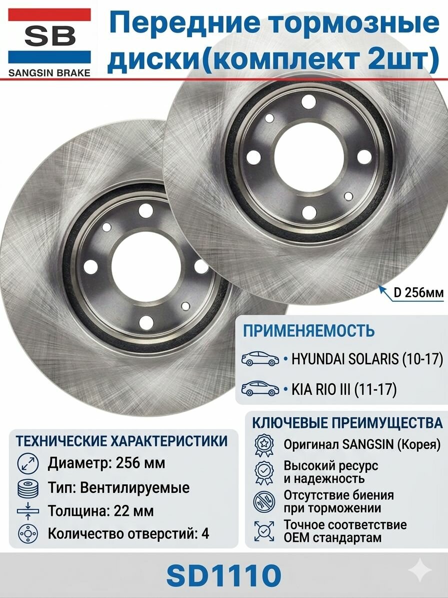 Тормозные диски Киа Рио 3 передние ( Комплект-2шт. ) HYUNDAI SOLARIS 10-/KIA RIO III 11- D 256мм. арт. SD1110