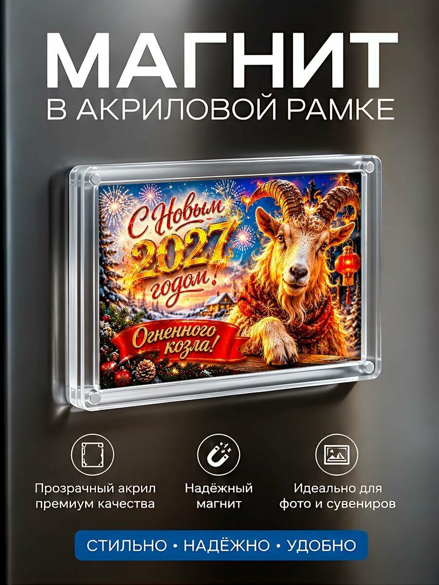 Магнит на холодильник Символ года 2027 "Огненный козел", 78*108 мм, 1 шт.