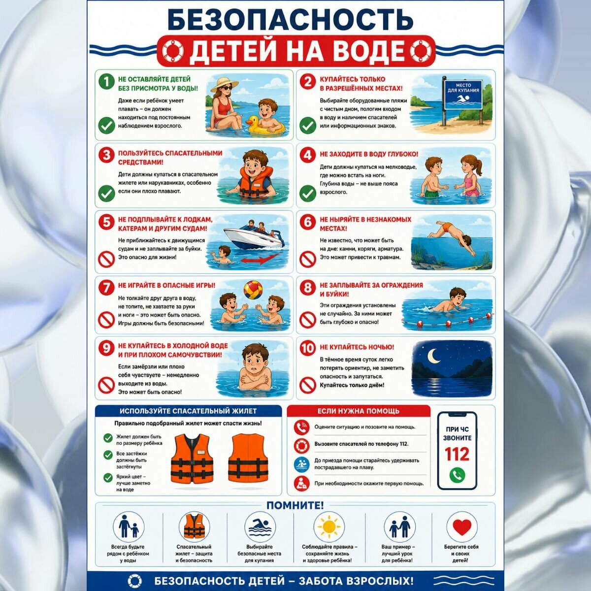 Плакат Безопасность детей на воде А3 самоклеящийся глянцевый