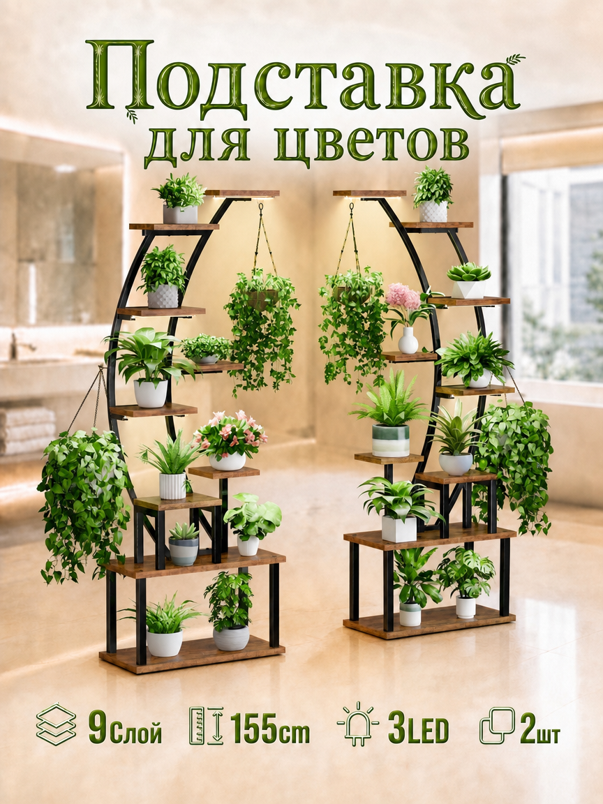 Подставка для цветов с фитолампой 2 шт, регулируемой 9-ярусная напольная, для дома, балкона, рассады 155 см