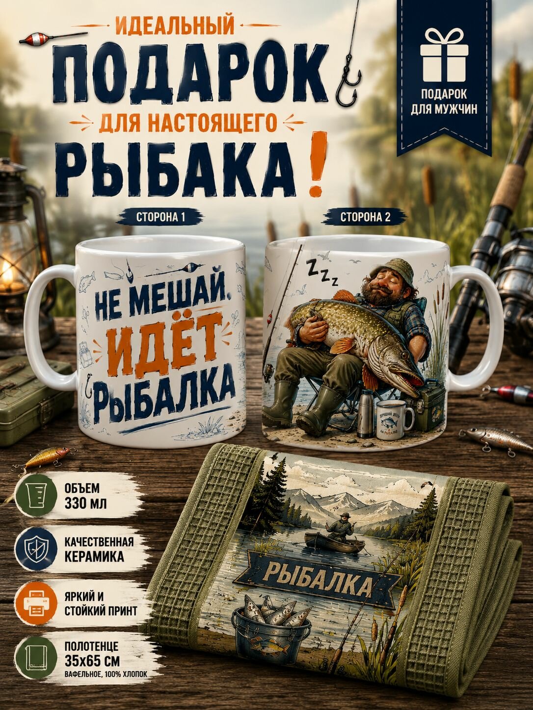 Набор кружка и полотенце для рыбака . Подарок мужчине