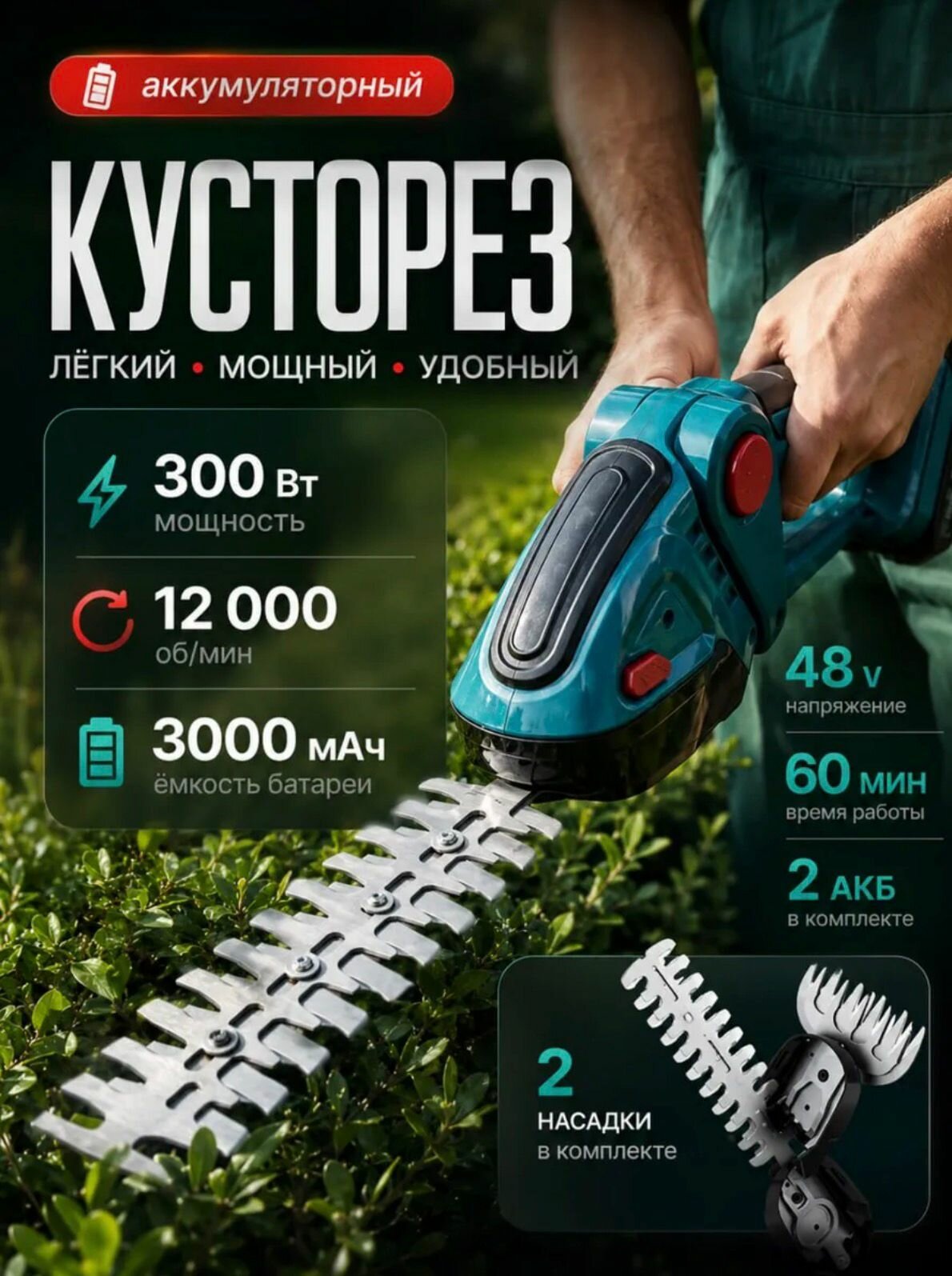 Кусторез садовый аккумуляторный 650 Вт 2 АК / Мощный кусторез для сада и огорода / Синий