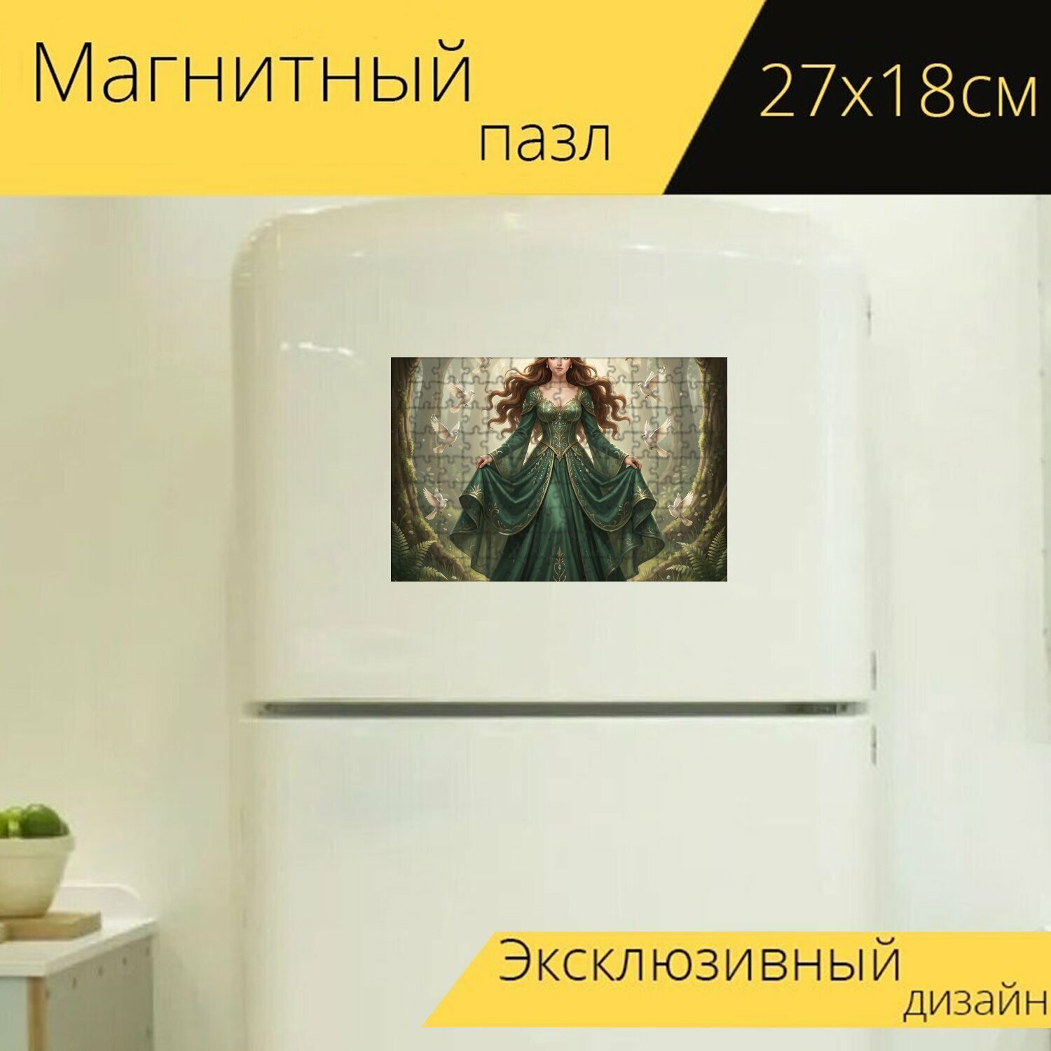 Магнитный пазл "Лесная королева с голубями. Фэнтезийная красавица в изумрудном платье и цветочном венке среди солнечного леса и белых птиц. Цифровая." на холодильник 27 x 18 см.