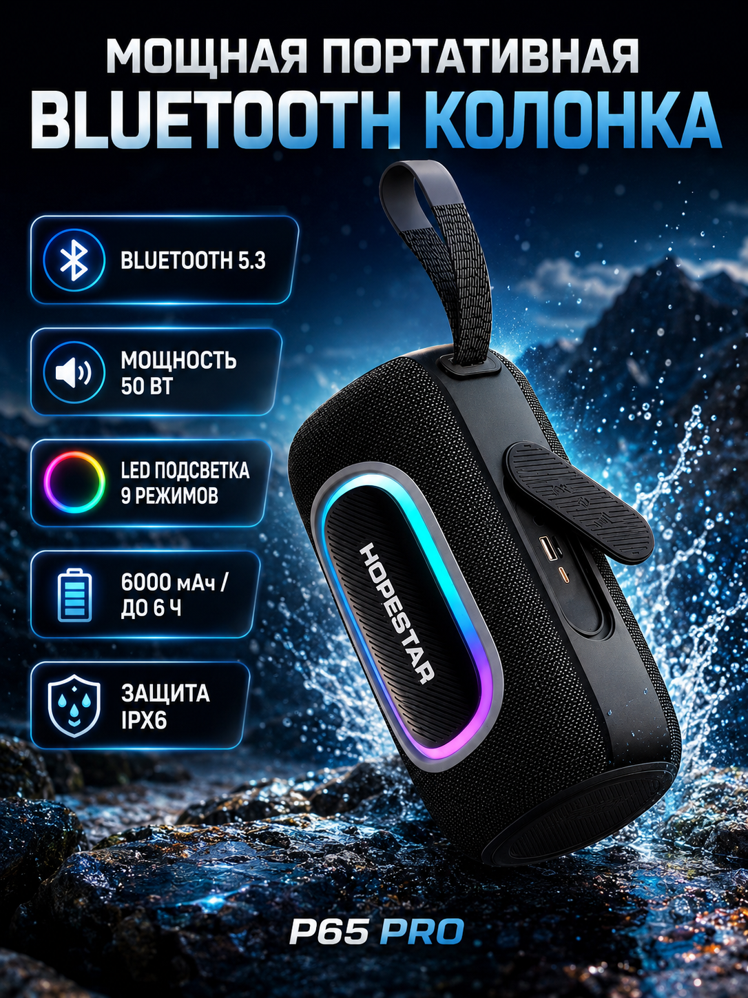 Беспроводная колонка Hopestar P65 PRO 50W, 6000 Mah, IPX6, Light Черный