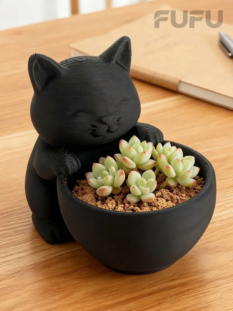 Горшок для цветов "Котенок", черный, пластик, 0,11л, 7,4см, 1шт