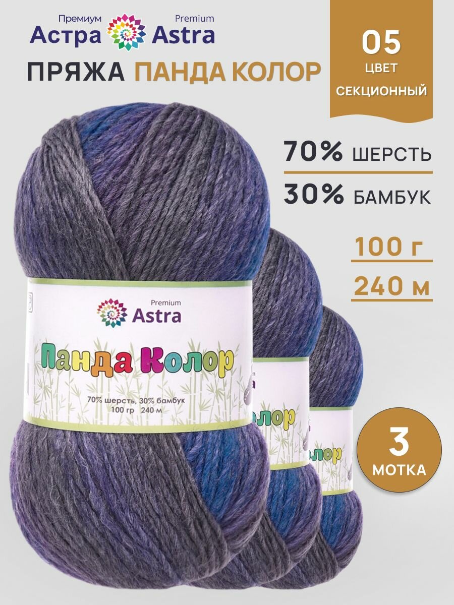 Пряжа для вязания Astra Premium 'Панда Колор' 100г, 240м (70% шерсть, 30% бамбук) (05 секционный), 3 мотка