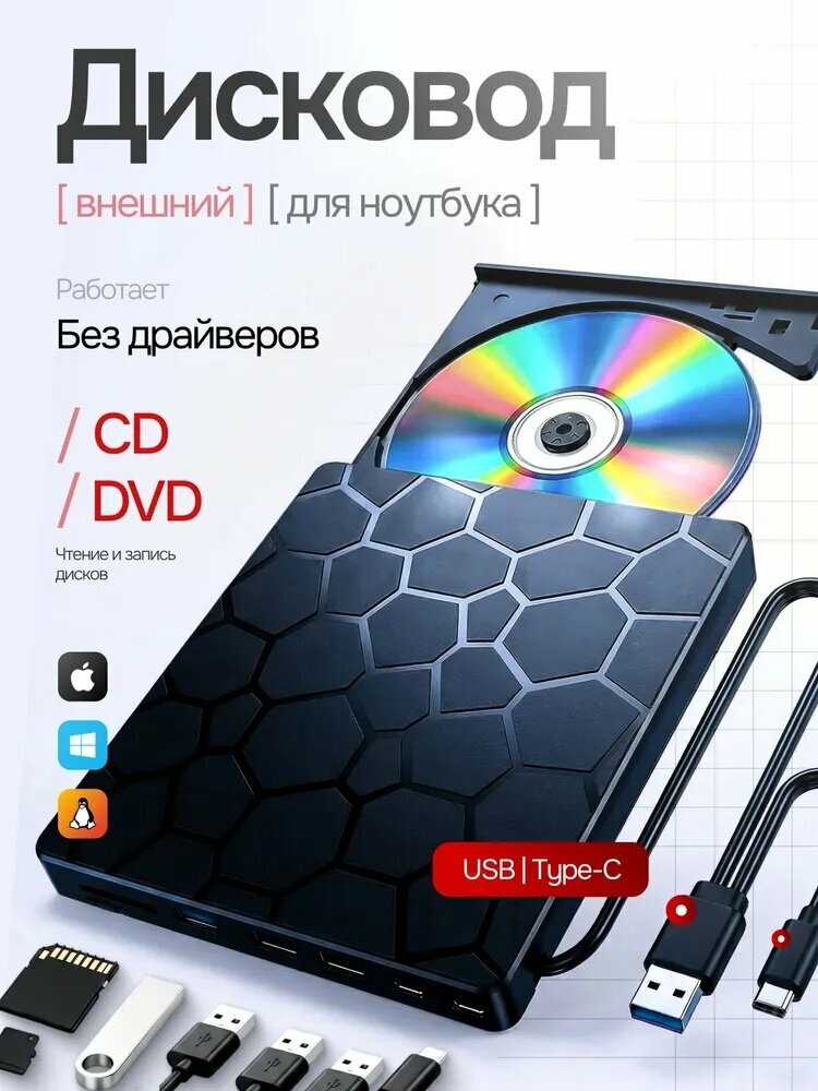 Внешний CD/DVD-привод 7-в-1 с USB 3.0 и Type-C, с функцией хаба и кардридера для ноутбука и ПК