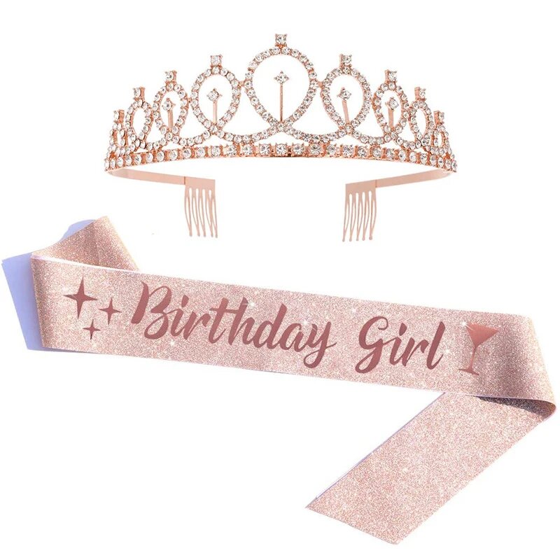 Розовая золотая корона и лента "Birthday Girl"