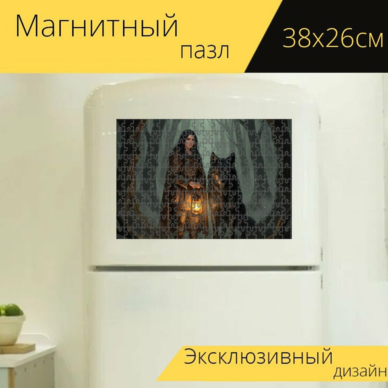 Магнитный пазл "Девушка с волком в лесу. Таинственная путница с фонарём и чёрным зверем среди туманных деревьев; мрачная фэнтези-иллюстрация в зелёно-серых." для интерьера, 38х26 см.