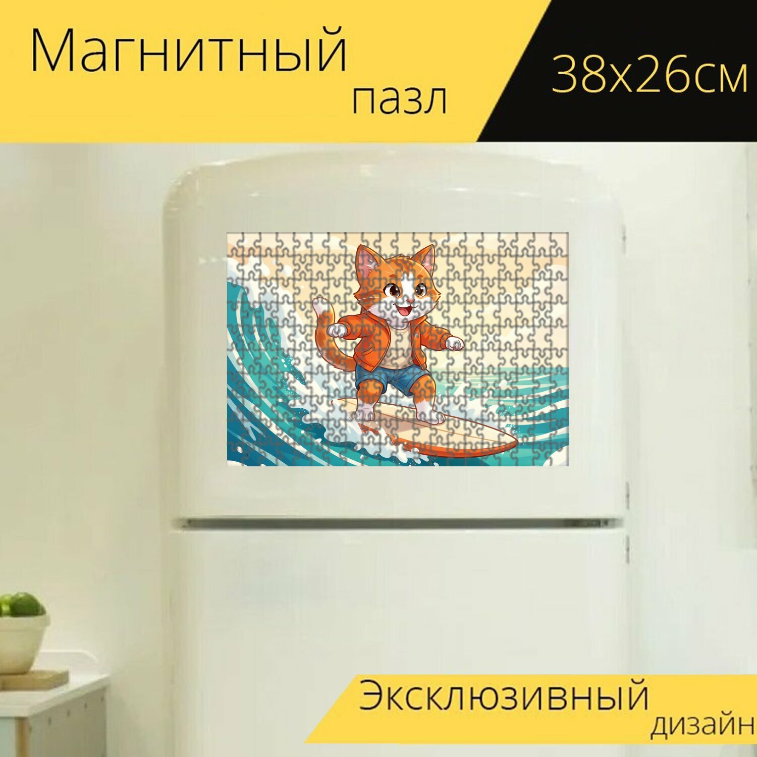 Магнитный пазл "Котенок на серфе. Мультяшный оранжевый зверек покоряет морскую волну на доске для серфинга. Яркие пастельные оттенки, летнее настроение." для интерьера, 38х26 см.