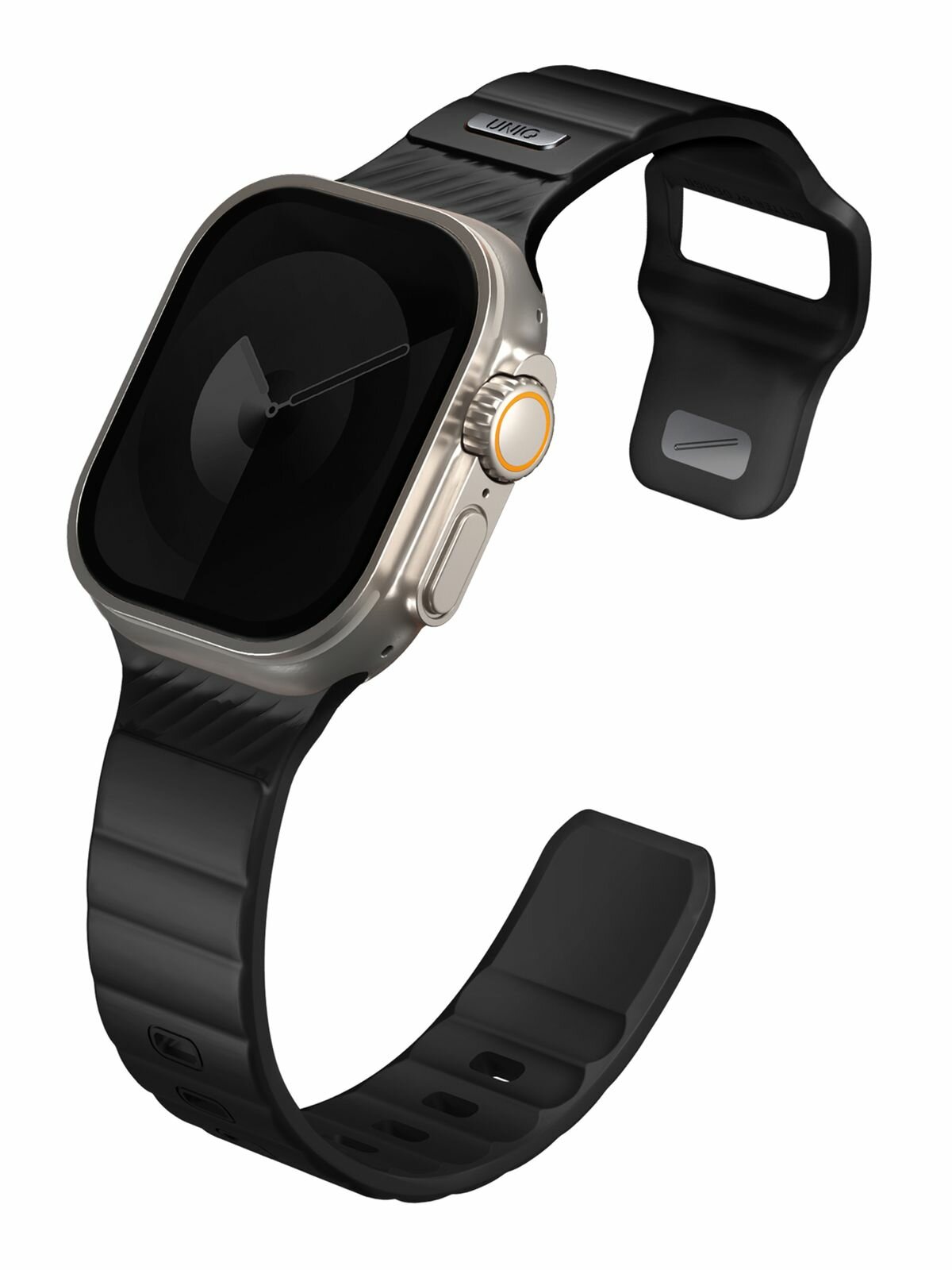 Ремешок UNIQ STRIDE FKM для смарт часов Apple Watch 44 45 46 49 мм силиконовый высокопрочный с штифтом-застежкой и скрытым хлястиком, черный