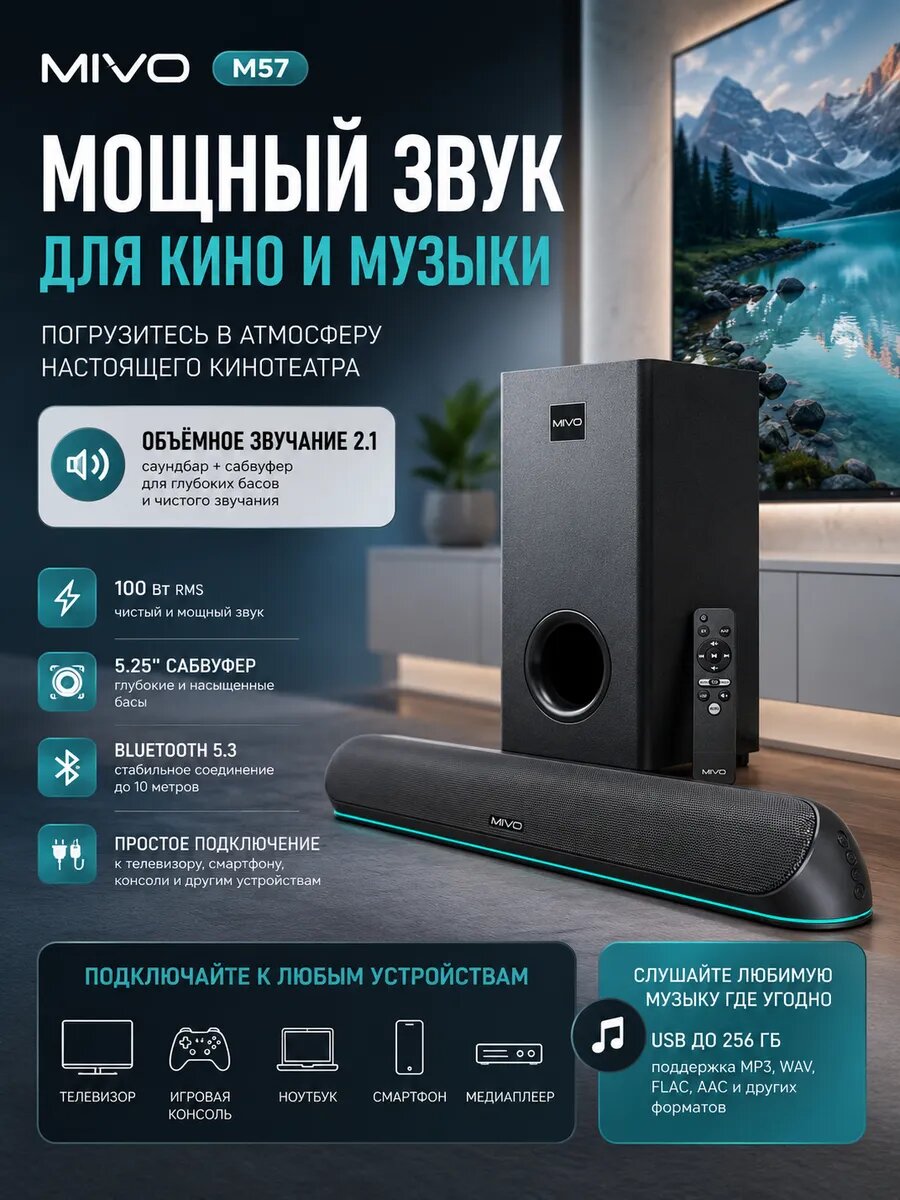 Саундбар , 100Вт, для домашнего кинотеатра, с беспроводным сабвуфером